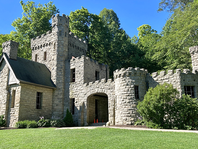 A medieval fantasy come to life&mdash;Squire's Castle stands proudly against a brilliant blue Ohio sky, its stone turrets and battlements defying Midwestern expectations.