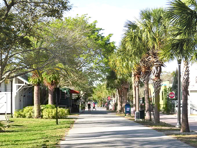 Palm-lined streets create nature's colonnade in downtown Dunedin, where walking paths invite leisurely strolls rather than hurried commutes.