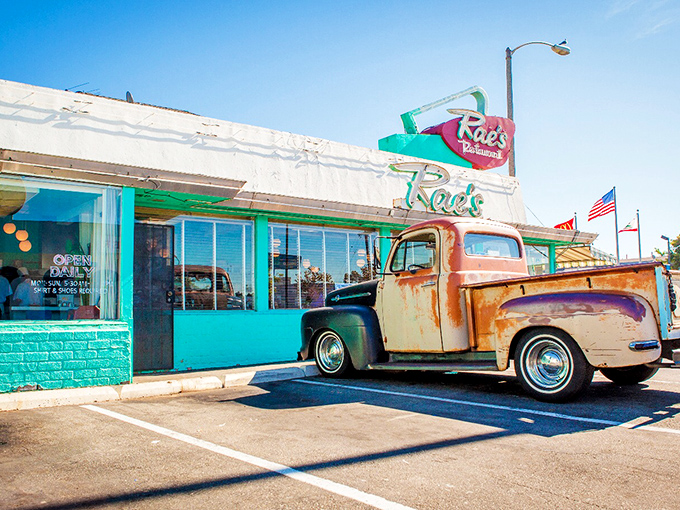That iconic mint-green exterior and vintage signage isn't just eye-catching—it's a time portal to when diners were the cornerstone of American breakfast culture.