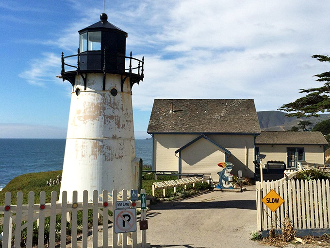 The California coast doesn't get more postcard-perfect than this. A lighthouse standing sentinel over crashing waves with a white picket fence that screams "Norman Rockwell meets maritime history."