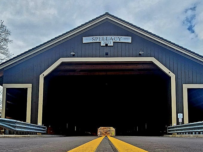 The Spellacy Covered Bridge stands as another wooden time portal along the byway, inviting travelers into its historic embrace.