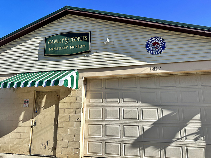 The unassuming exterior of Cawley & Peoples Mortuary Museum proves that you can't judge a book by its cover&mdash;or a museum by its garage door.