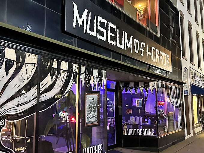 The entrance to Monroe's Museum of Horror welcomes the brave with menacing gargoyles and promises of coffins and witches. Your mother warned you about places like this!