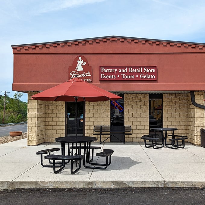 Fascia's Chocolates stands like a sweet sentinel on Chase River Road, its burgundy and tan exterior promising delicious treasures within.