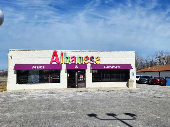 The colorful Albanese storefront stands like a beacon of sweetness on an otherwise ordinary Indiana street. Sugar paradise awaits!
