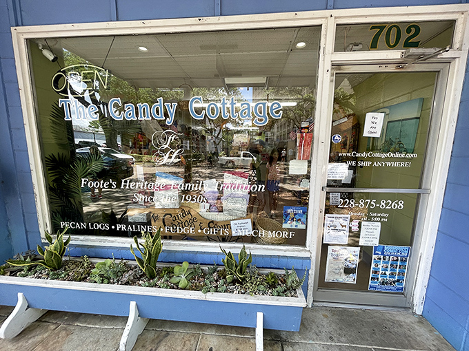 The blue cottage beckons like a sweet mirage among Ocean Springs' oak trees, promising childhood memories and sugar-fueled adventures inside.