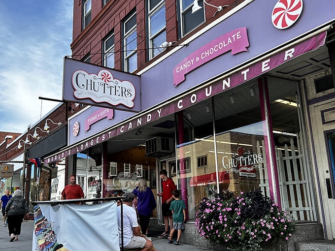 The candy kingdom announces itself with a bold pink awning and that famous claim to fame: "World's Longest Candy Counter." Sweet dreams are made of this.