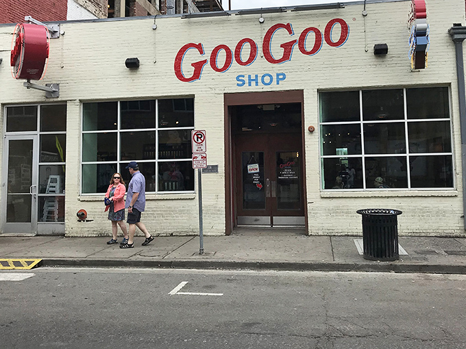 The white brick storefront with its vintage red signage stands like a sweet beacon in downtown Nashville, promising nostalgic delights within.
