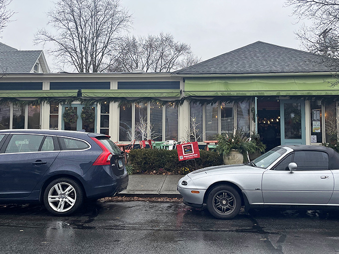 The mint-green exterior of Harborview Market stands like a beacon of breakfast hope in Bridgeport's Black Rock neighborhood. Morning salvation awaits inside. 