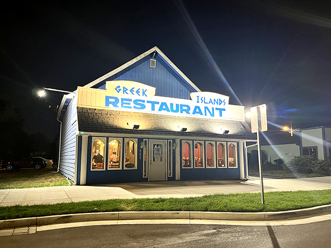 The iconic blue and white facade of The Greek Islands Restaurant stands like a Mediterranean mirage in Indianapolis, promising culinary adventures without the passport hassle.