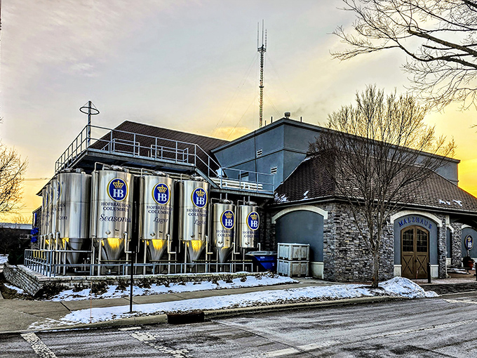The impressive Bavarian-inspired architecture of Hofbr&auml;uhaus Columbus stands proudly against an Ohio sky, promising authentic German experiences without the transatlantic flight.