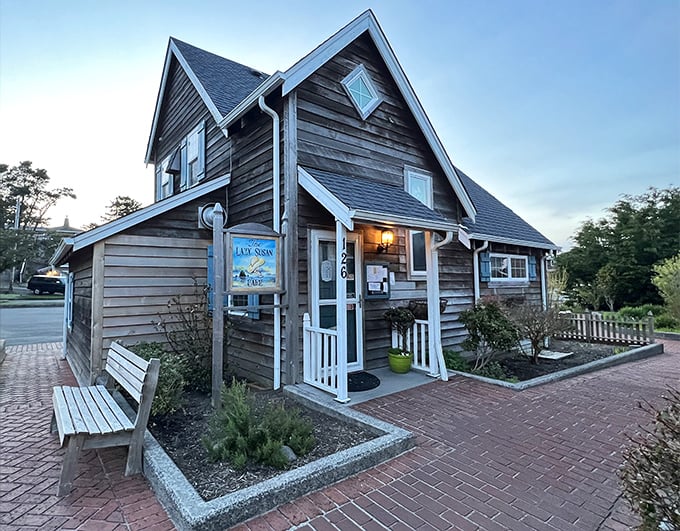 The storybook charm of this weathered cedar cottage promises breakfast magic before you even step inside.