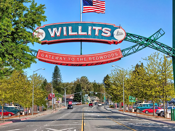 The iconic Willits arch welcomes visitors with small-town charm and big promises of redwood adventures ahead.