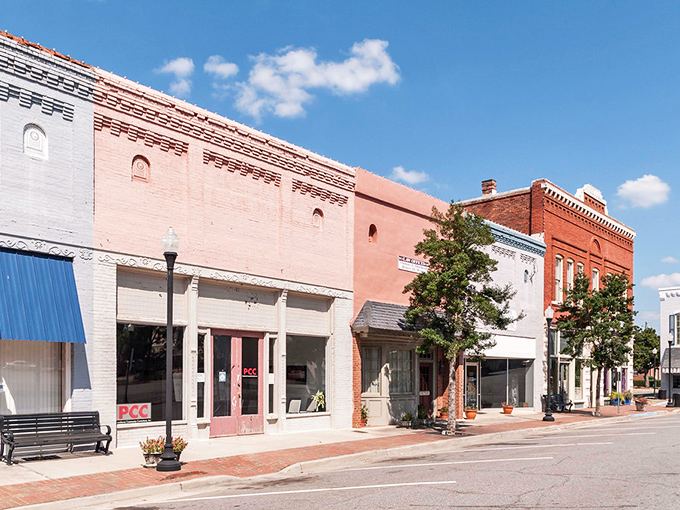 Historic charm meets small-town affordability along Sandersville's main street, where colorful storefronts welcome visitors with Southern hospitality and brick-paved sidewalks.