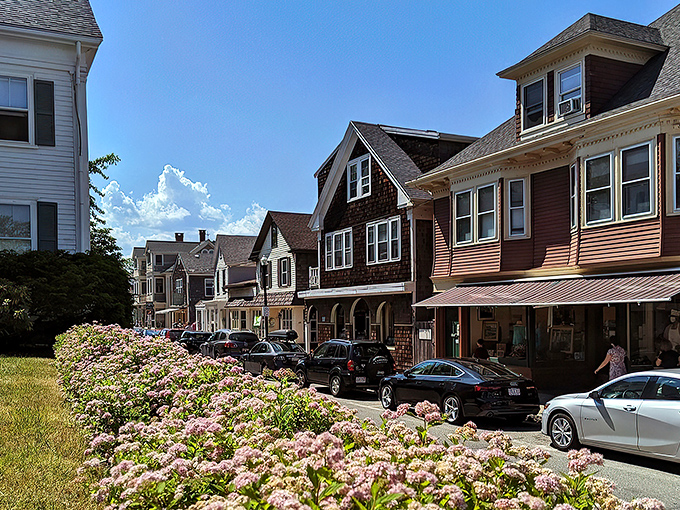 Stroll past blooming pink flowers and charming shingled homes as you explore this beautiful historic street on a sunny afternoon.
