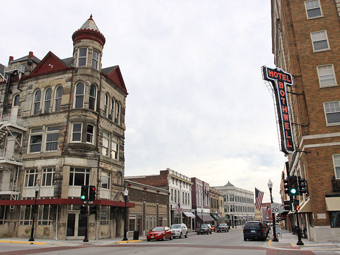 Downtown Sedalia's architectural time capsule, where the iconic Hotel Bothwell stands sentinel over streets that haven't surrendered to cookie-cutter modernization.