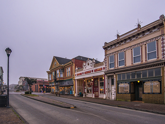 The misty morning streets of Eureka's Old Town, where Victorian buildings wait patiently for the fog to lift and reveal their ornate details.