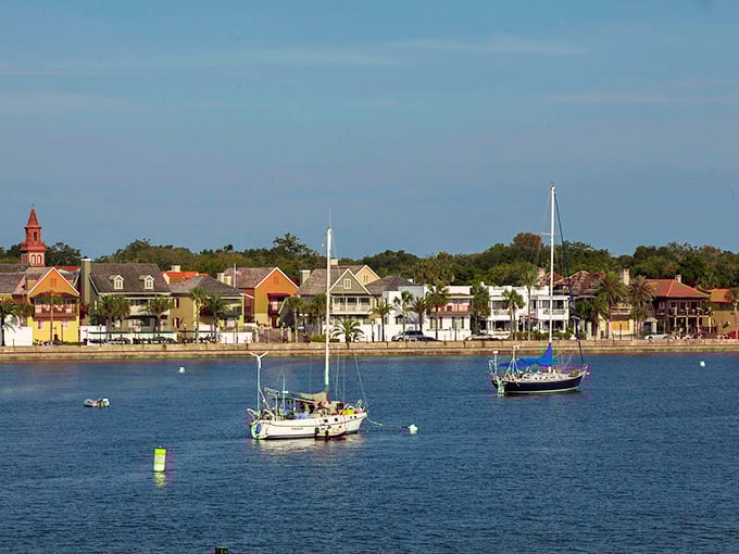 Colorful colonial homes line St. Augustine's waterfront like a Caribbean postcard come to life, while sailboats bob gently in the harbor's embrace.