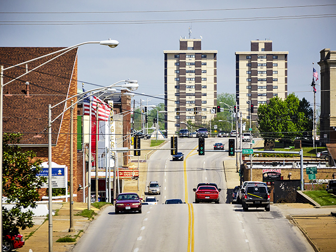 Downtown Poplar Bluff stretches toward twin apartment towers, where affordable living meets small-town charm. The perfect backdrop for your Social Security-funded second act.