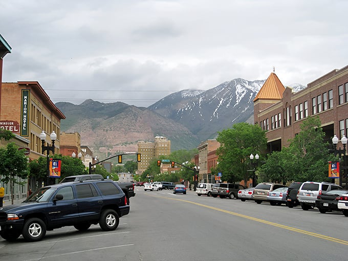 Historic brick buildings line Ogden's 25th Street, where yesterday's railroad boom meets today's culinary renaissance. The mountains are calling from just beyond.