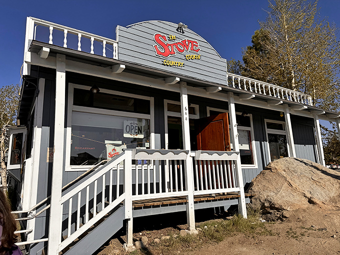 The little blue diner that could! The Stove's charming exterior promises mountain-sized flavors inside this Mammoth Lakes breakfast institution.