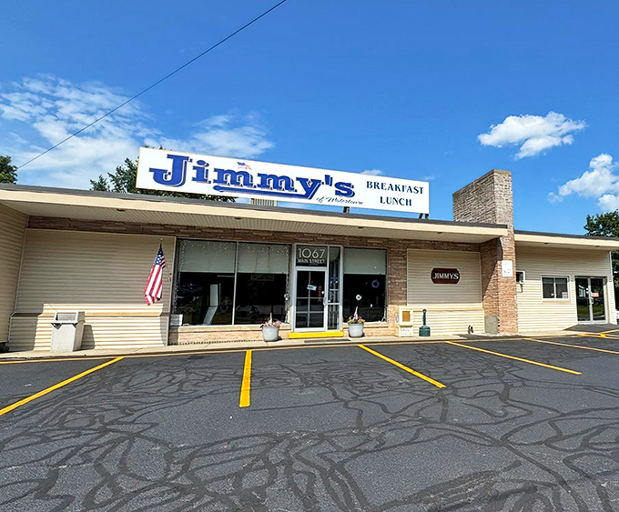The blue sign beckons like an old friend on Main Street. Jimmy's unpretentious exterior promises honest food without the fuss.