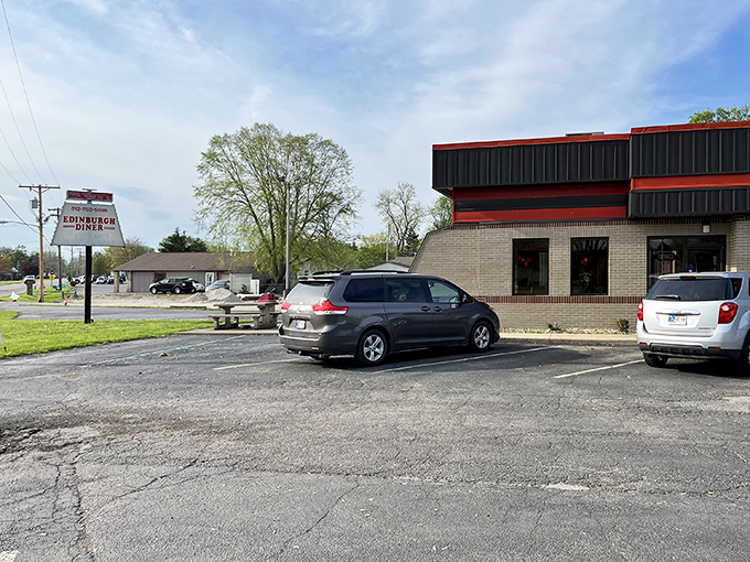 The classic roadside sign promises exactly what Indiana craves: honest food served all day. No pretension, just the promise of satisfaction.