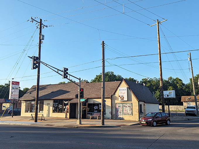 The unassuming A-frame exterior of Riverside Cafe stands like a time capsule, complete with a hand-painted mural promising culinary treasures within.