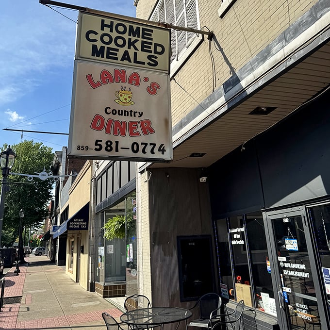The classic "HOME COOKED MEALS" sign beckons like an old friend. Lana's outdoor seating area offers the perfect perch for people-watching while savoring breakfast perfection.