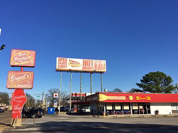The red and yellow beacon of Bryant's stands proudly on Summer Avenue, promising "HOT BISCUITS" in letters that could guide hungry travelers home from miles away.