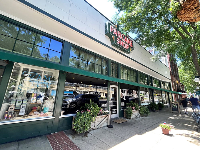 The iconic green storefront of The Pancake Shop stands as a beacon of breakfast hope on Central Avenue in Hot Springs. 
