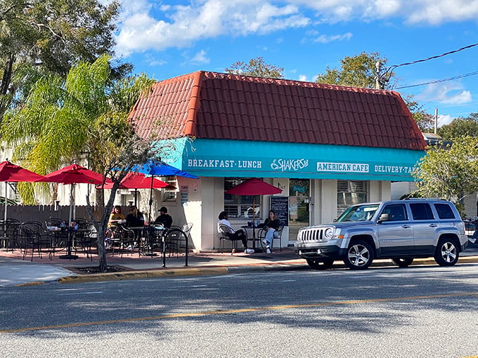 The iconic teal awning and terracotta roof of Shakers American Caf&eacute; stands as a breakfast beacon in Orlando's College Park neighborhood. Florida sunshine included at no extra charge!