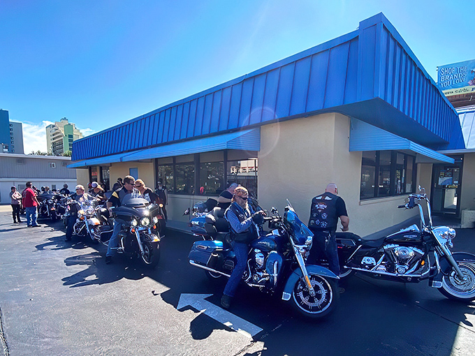 The unassuming blue-roofed exterior of Harry's might not scream "pancake paradise," but locals know better. Culinary treasures often hide in plain sight.