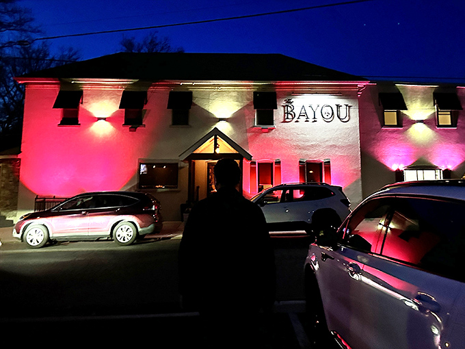 The Bayou after dark is like a pink-lit beacon of Southern comfort in Pennsylvania. Those vibrant exterior lights promise delicious things await inside.