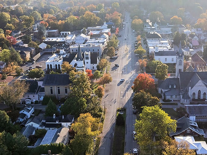 Aerial perspective reveals Granville's secret: a town that looks like it was designed by Norman Rockwell during his architectural phase.