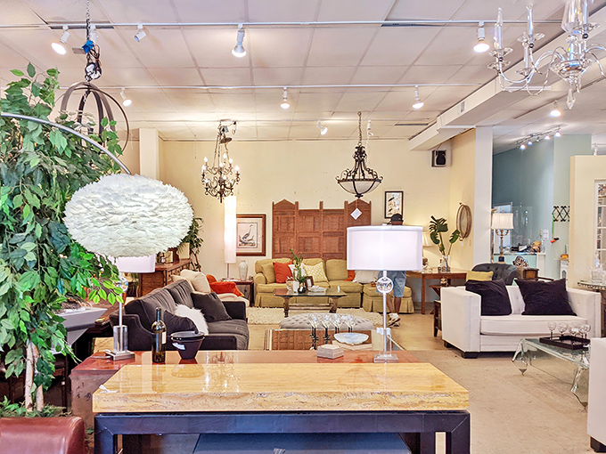 Welcome to treasure hunter heaven! Great Finds & Design's showroom stretches before you like a furniture wonderland where self-control goes to die.