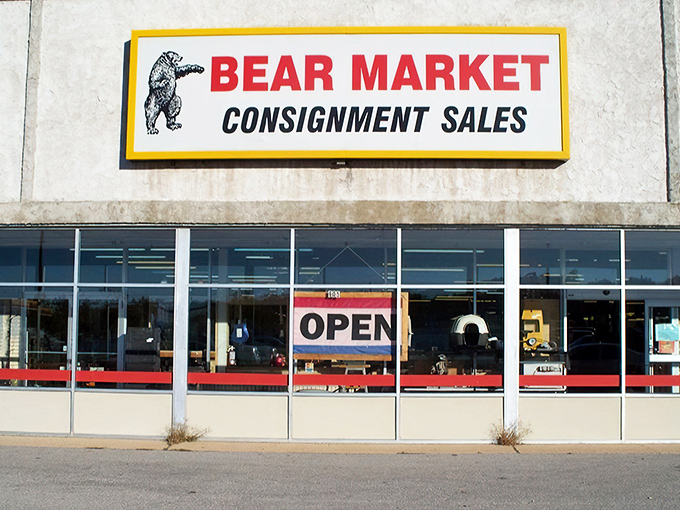 The iconic Bear Market sign welcomes treasure hunters with its pointing bear silhouette&mdash;nature's own bargain GPS system for savvy shoppers.