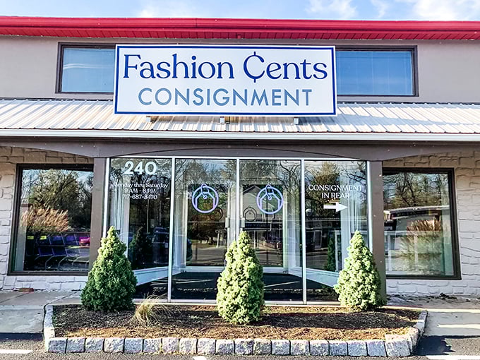 The inviting storefront of Fashion Cents Consignment welcomes treasure hunters with its clean lines and neat landscaping&mdash;like a department store's stylish cousin who knows all the bargain secrets.