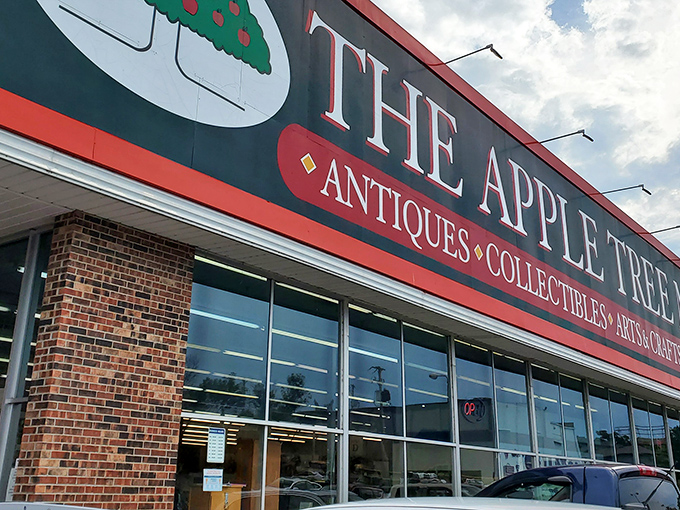 The iconic red and green signage welcomes treasure hunters to The Apple Tree Mall, Branson's wonderland of collectibles and curiosities.