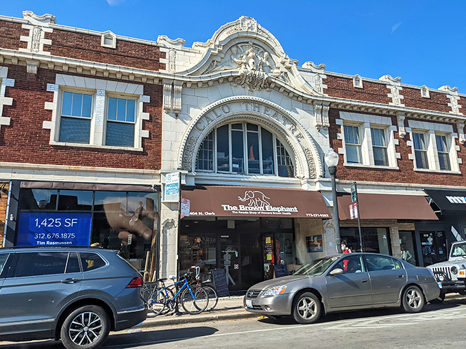 The grand entrance beckons like a theatrical invitation. This historic fa&ccedil;ade on Clark Street promises treasures within, its ornate white arch a portal to thrifting adventures. 