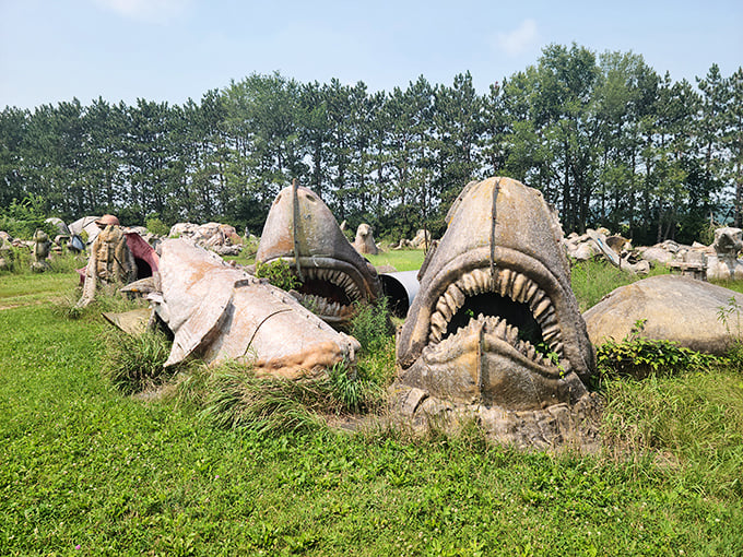 Jaws meets Wisconsin farmland in this surreal scene. These weathered shark molds look ready to swallow unwary visitors whole, creating a "Land Sharks" moment that would make Chevy Chase proud.
