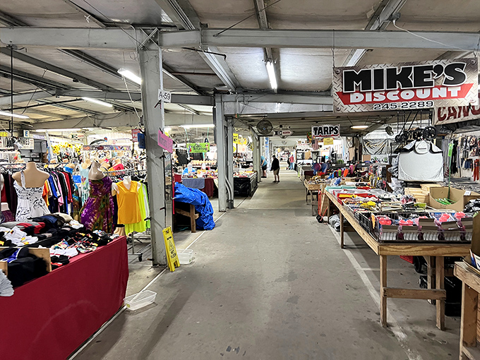 The main corridor stretches like a retail runway, where treasures await behind every table. Bargain hunters, this is your natural habitat!