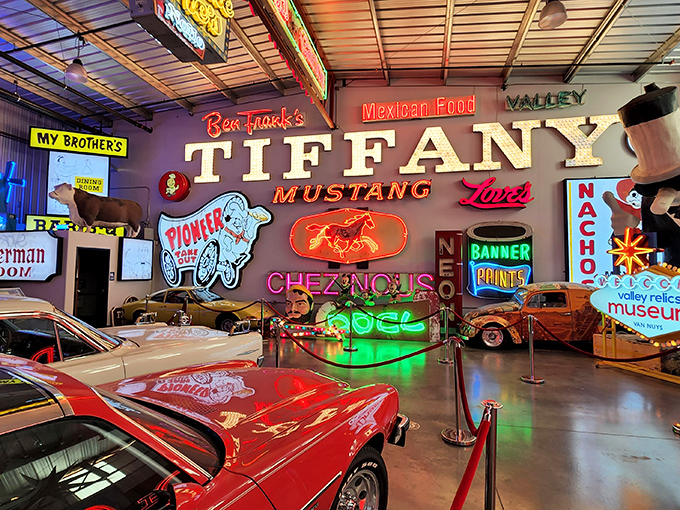 Neon dreams come alive in this spectacular warehouse where vintage signs create their own electric symphony.