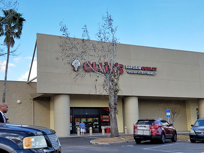 The unassuming exterior of Ollie's in Kissimmee stands like a humble temple to the gods of discount shopping, palm trees included.