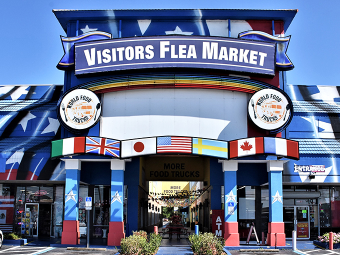 The patriotic explosion of red, white, and blue makes this building look like Captain America decided to open a shopping emporium in Kissimmee.