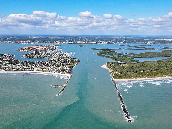 The view from above reveals Fort Pierce's true character &ndash; where turquoise waters meet civilization on one side and untamed nature on the other.