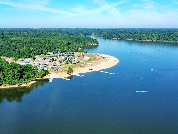Aerial paradise! East Fork's golden beach curves like nature's smile against Harsha Lake's blue canvas, proving Ohio can indeed do "coastal vibes" without the coastal price tag.