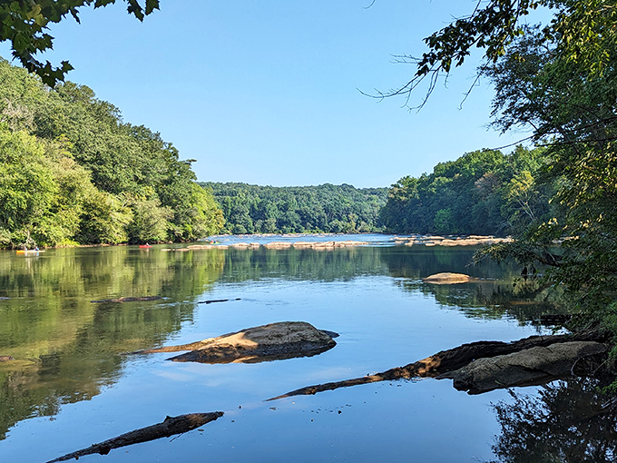 Mirror, mirror on the river &ndash; the Chattahoochee's glassy surface creates perfect reflections that would make even Narcissus do a double-take.