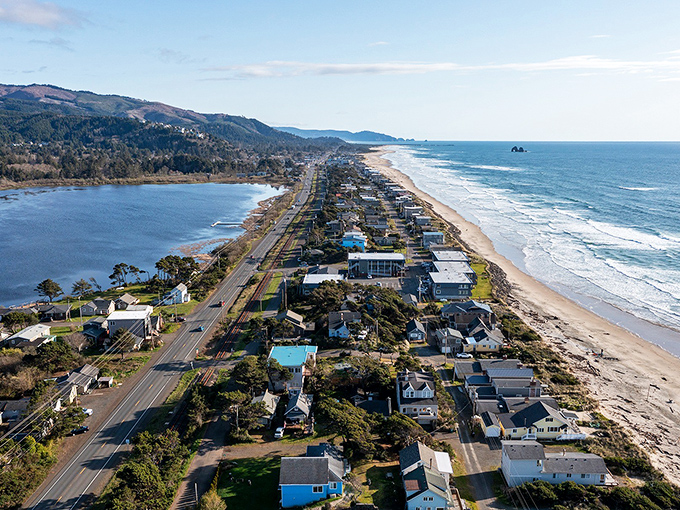 Aerial dreams come true: where forest-cloaked mountains dive dramatically into the Pacific, with Manzanita's charming grid of streets connecting it all.