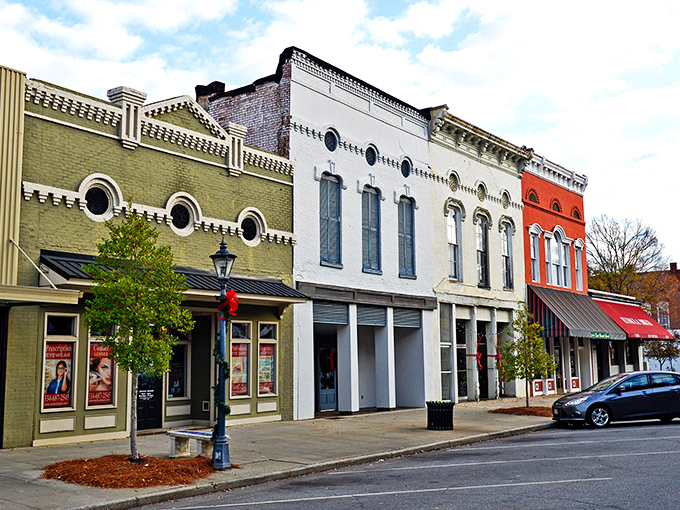 Downtown Eufaula showcases its historic charm with a classic courthouse and American flag standing proud against that impossibly blue Alabama sky.